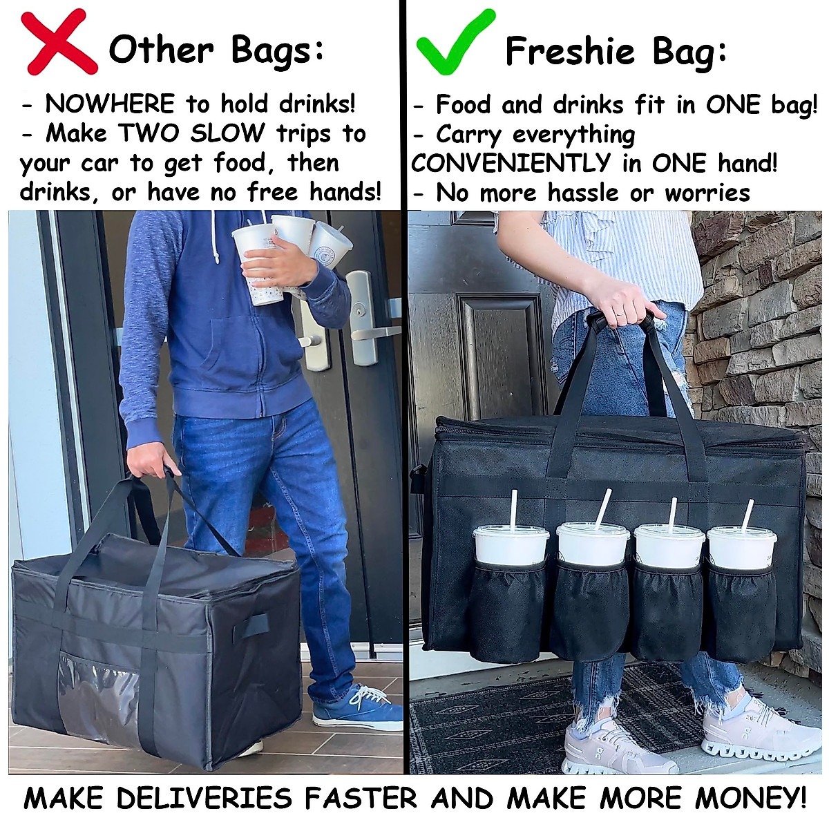 FRESHIE Insulated Food Delivery Bag with Cup Holders/Drink Carriers Premium, For Doordash, Uber Eats, Grubhub, Pizza Bag, Catering, Beverage, Commercial Quality (XL)