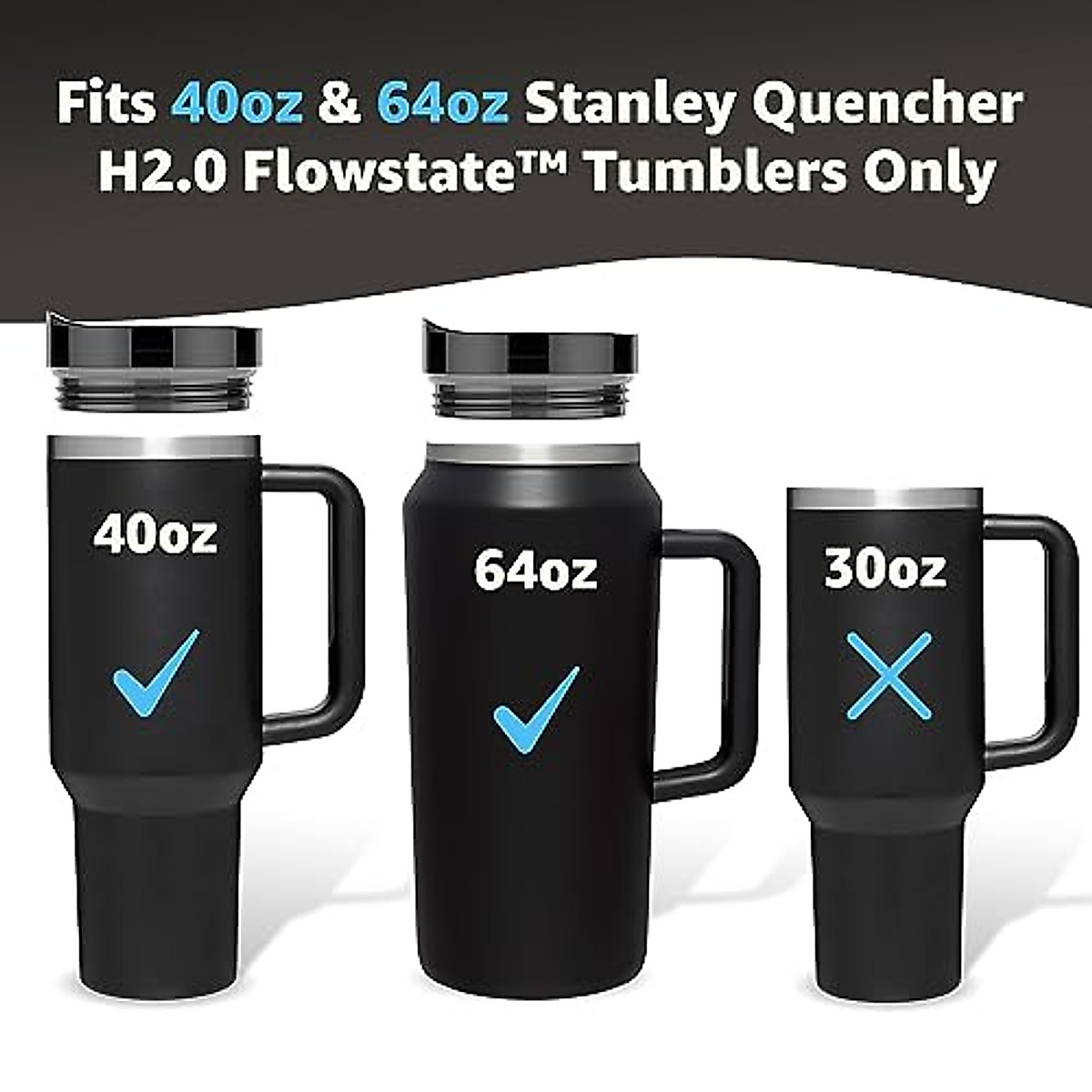 Jmoe USA 40oz & 64oz Sliding Lid for Stanley Adventure Quencher H2.0 Flowstate Tumblers With Handle | Leakproof & Spillproof | Made of BPA and Food-Grade Materials | Dishwasher Safe (Black, 2-Pack)