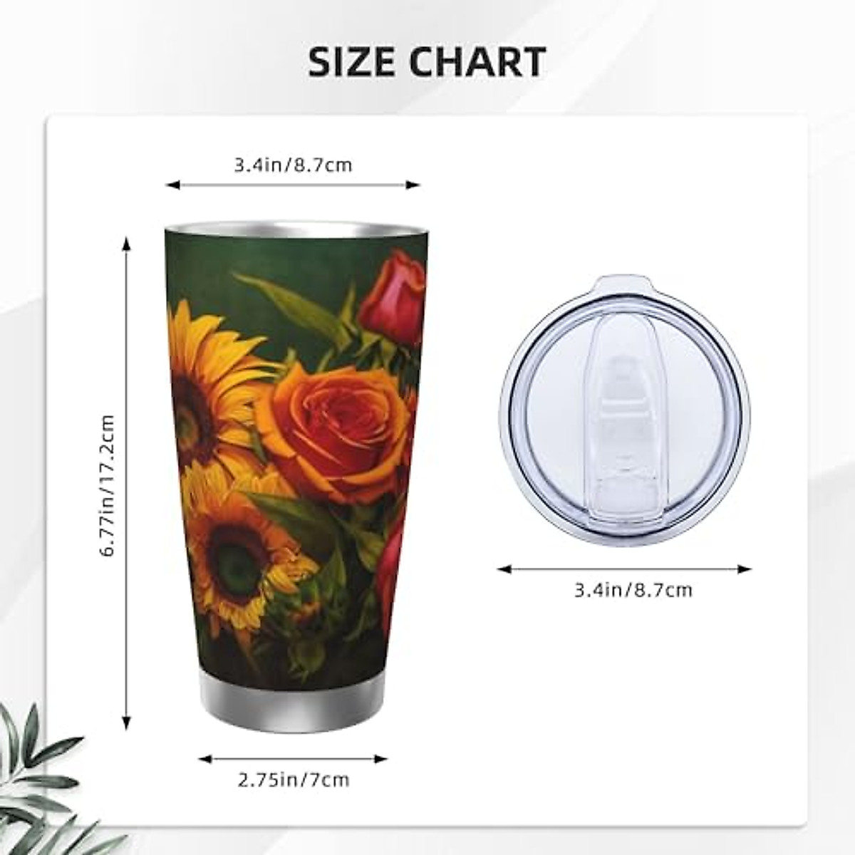 EKPRAVDKTF Sunflower And Rose 20oz Insulated Stainless Steel Tumbler With Lids And Straws, Double Wall Vacuum Travel Coffee Mug, Thermal Cup For Cold & Hot Drinks, Reusable Metal Straw & Brush