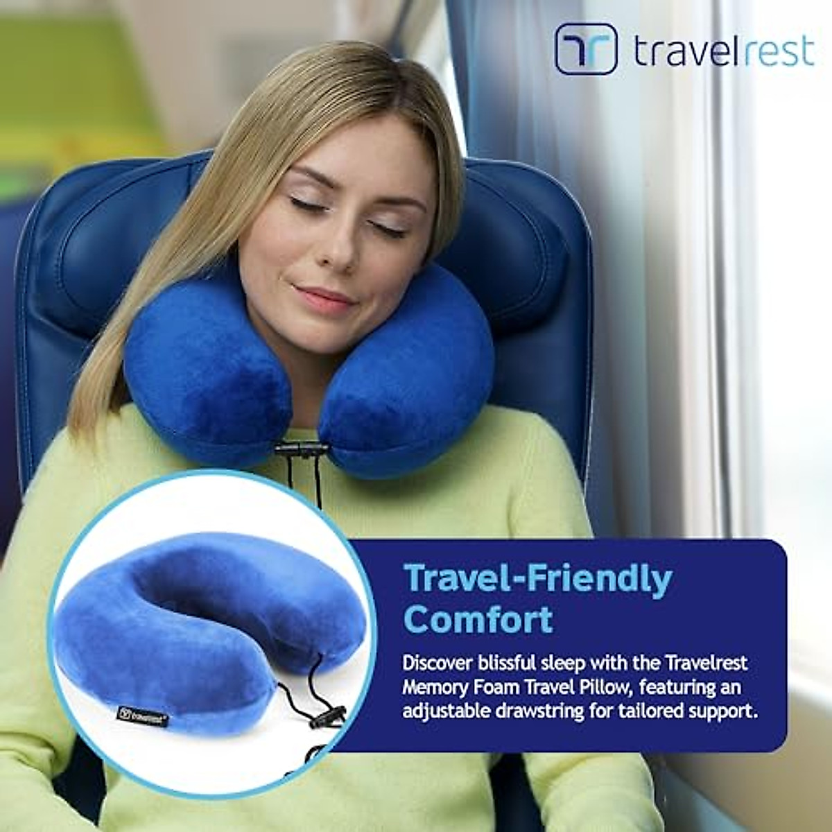 TRAVELREST - Travel & Neck Pillow, Therapeutic Memory Foam, Washable Micro-Fiber Cover, Soft and Comfortable - Head Support for Long Flights, Compact and Ergonommic Design, Attaches to Luggage - Blue