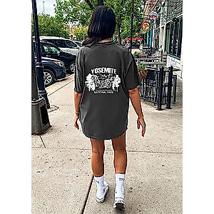 CSDAJIO Women's Letter Print Mushroom Shirt Oversized Graphic Tee Crewneck Short Sleeve T Shirt Back Yosemi Grey X-Large