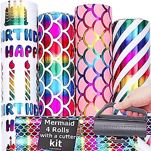 THMORT Mermaid Wrapping Paper Roll with a Cutter Kit for Girls&Boys,Kids Birthday Adults, Princess Pink Barbies 17 Inch X 120 Inch Gift Wrapping Paper Colorful Rainbow Happy Birthday wrapper.