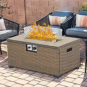 Patio Propane Fire Pit Table - 32 inch Outdoor PE Rattan Rectangle Tan Wicker Gas Fire Table with Ceramic Tile Tabletop, Glass Wind Guard for Outside, Garden, Backyard, Brown