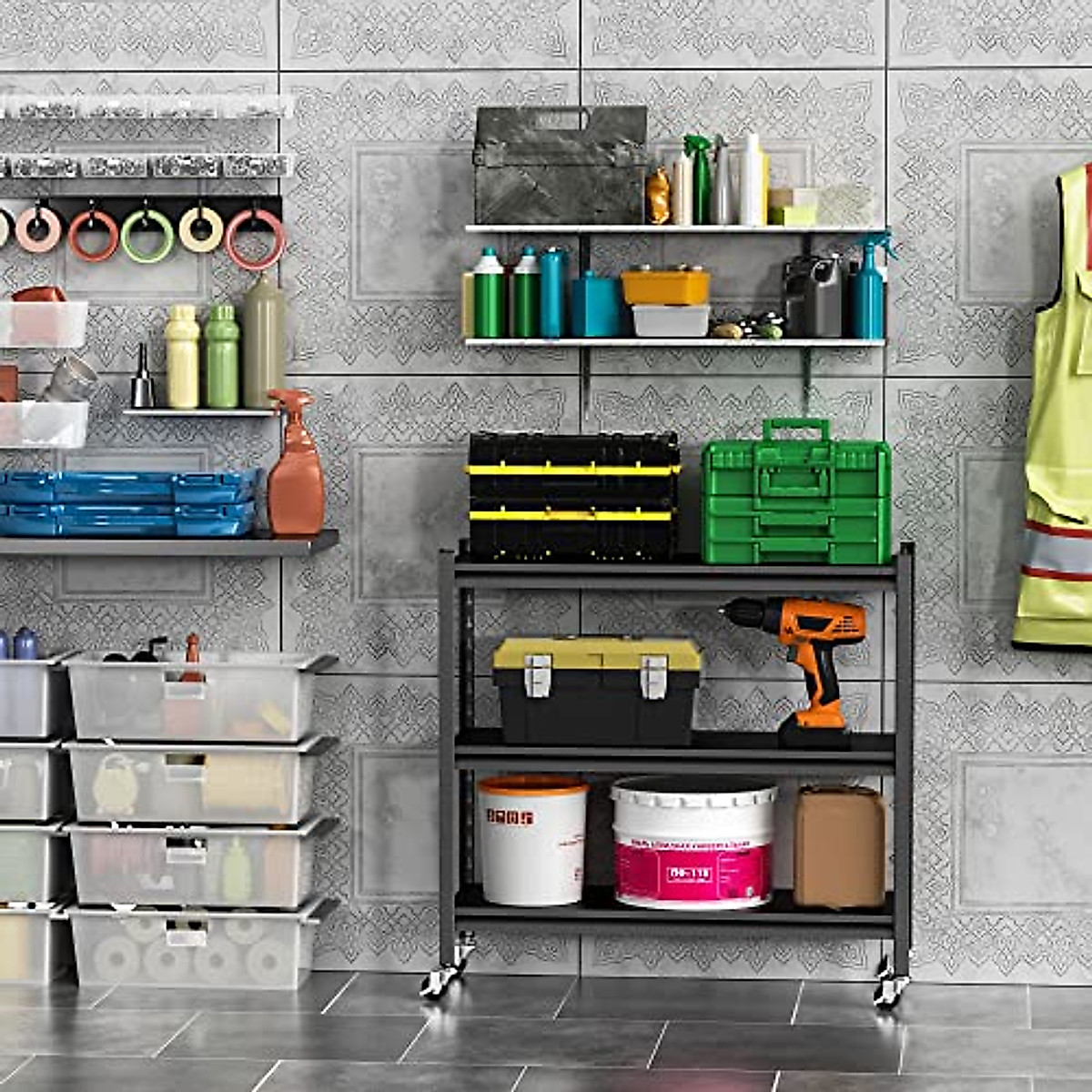 LISSIMO Heavy Duty Storage Shelving with Wheels,3-Tier Metal Garage Shelves for Storage, Adjustable Shelving Unit for Commercial Warehouse Basement Storage Rack(18" D x 34" W x 31.5" H)