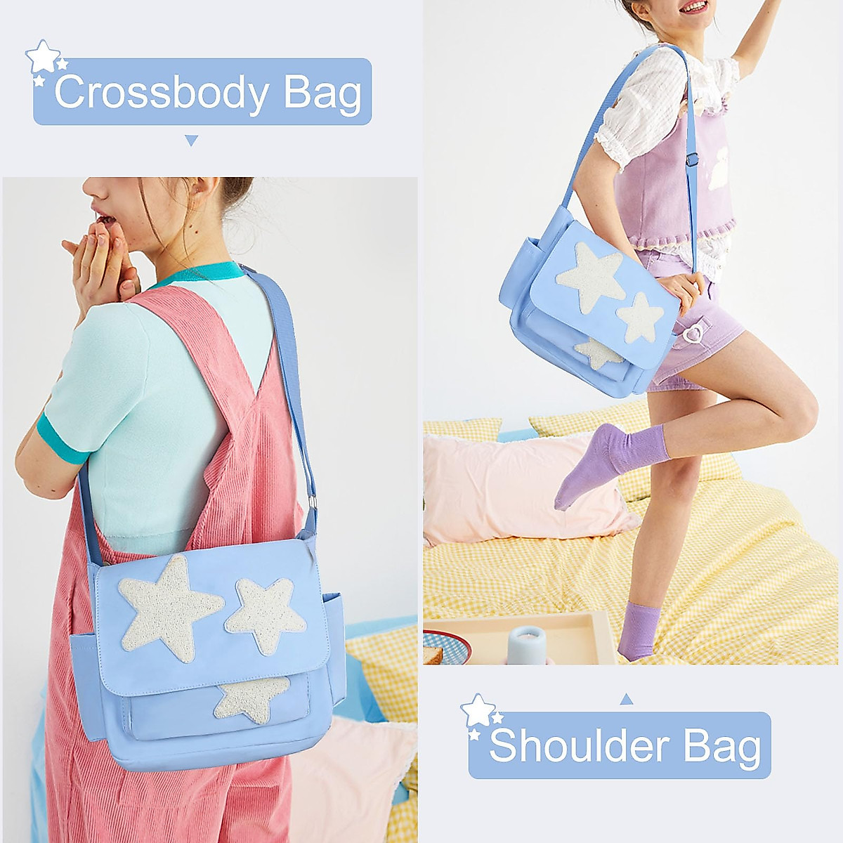Cute Messenger Bag, Kawaii Nylon Crossbody Bag Y2K Star Purse for Women (B-Blue)