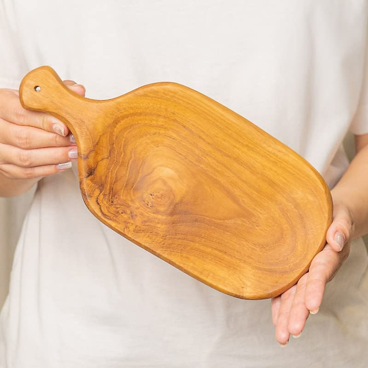 Rainforest Bowls 6"x5" Curved Edge Rectangular Javanese Teak Wood Cutting Board w/Handle- Ultra-Durable, Heavy Duty, Lasts Years w/Daily Use- Premium Style Handcrafted by Indonesian Artisans