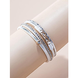 Long tiantian Leather Wrap Bracelet for Women Rhinestone Infinity Bracelet Modern Boho Cuff Bracelet Womens Leather Cuff Multi Strand Bracelets for Women s(grey)