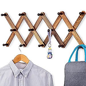 AITUFIY Expandable Coat Rack Hanger Wooden Accordion Wall Mounted Retro Wood Hat Rack 14 Pegs Hooks Hang Jacket,Coffee Mugs,Caps,Leash,Towel,Belt,Umbrella,Scarf,Bag (Carbon Brown)