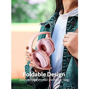 Calhuber Kids Headphones, K12 Foldable Children with Tangle-Free 3.5mm Jack Cord, Over-Ear Wired Headset for Children/Teens/Girls/Smartphones/School/Kindle/Airplane Travel/Plane/Tablet (Pink)