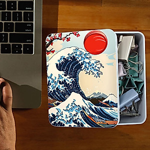 ETLKJVBL Metal Tin Box Sturdy Metal Storage Box with Lid, Large Container Holder for TCG Cards,Car Keys,Cookies,Tin Containers for Gift,5.0x3.7x1.6 Inch,Exquisite Pattern Design(Waves Sun)