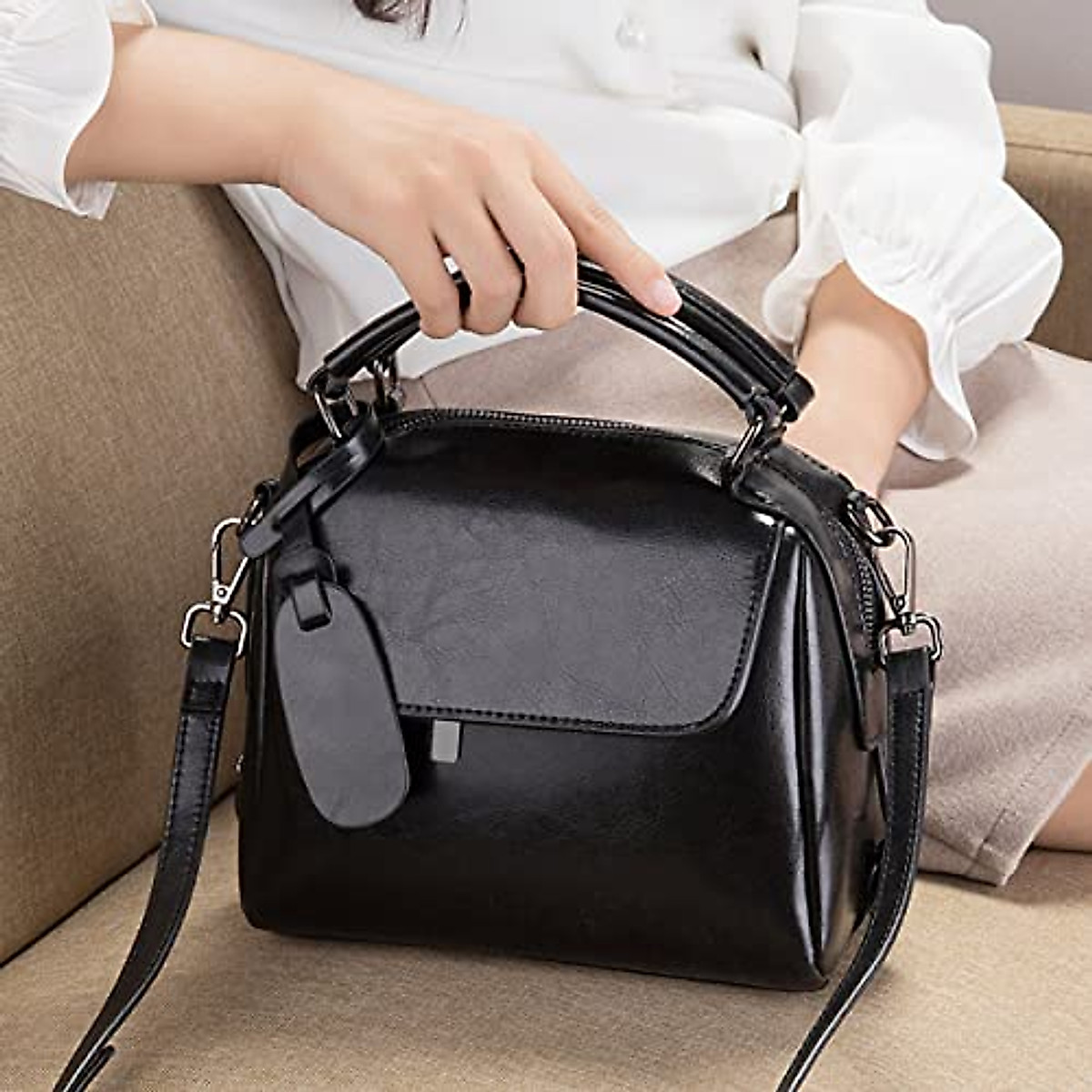 FOXLOVER Small Leather Crossbody Bags for Women Ladies Shoulder Bag Top Handle Mini Handbag and Purse (Black)