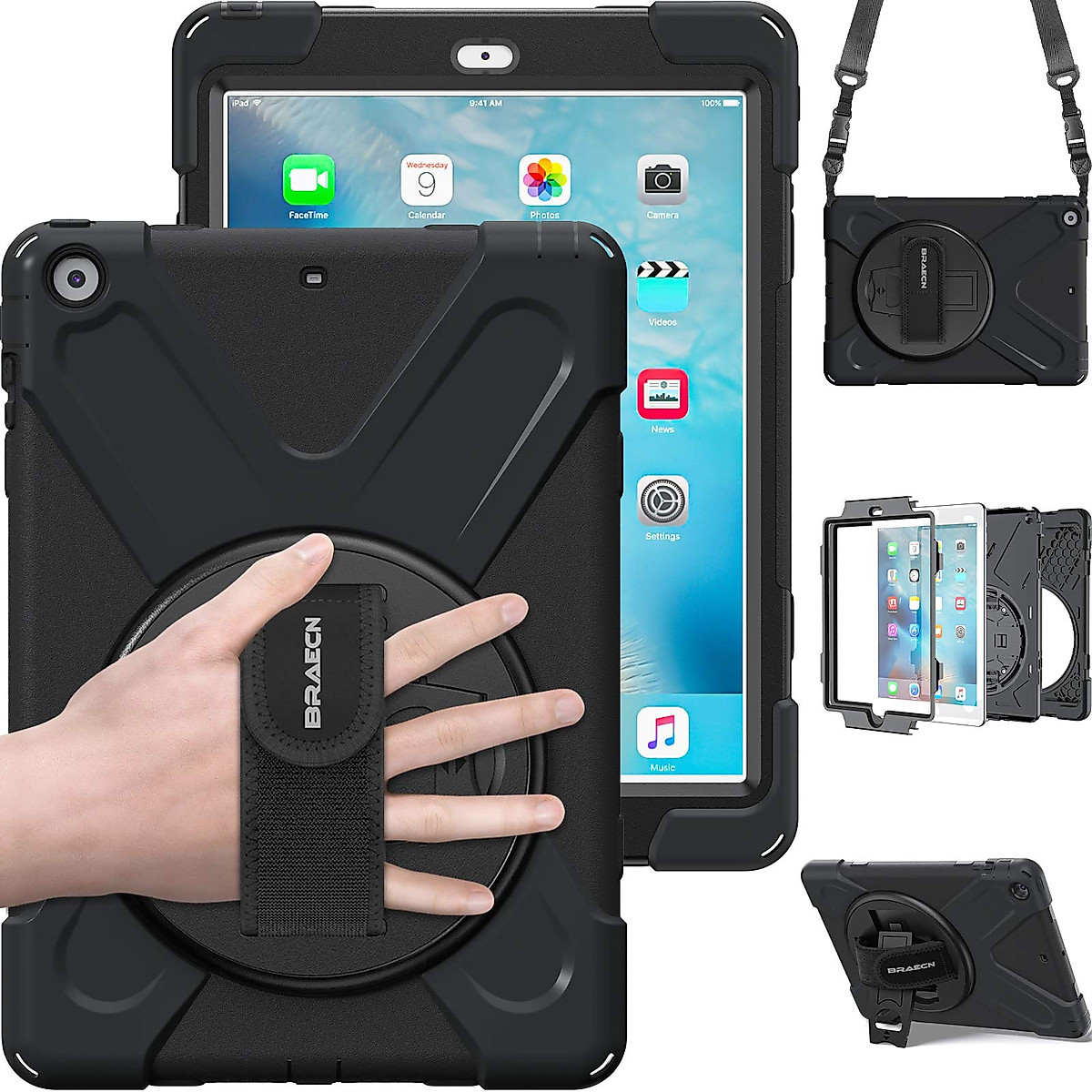 BRAECN iPad Air Shockproof Case - Heavy Duty Full-Body Rugged Protective Case with 360 Degree Swivel Kickstand/Hand Strap/Shoulder Strap for Apple iPad Air 1st Generation 9.7 inch (Black)