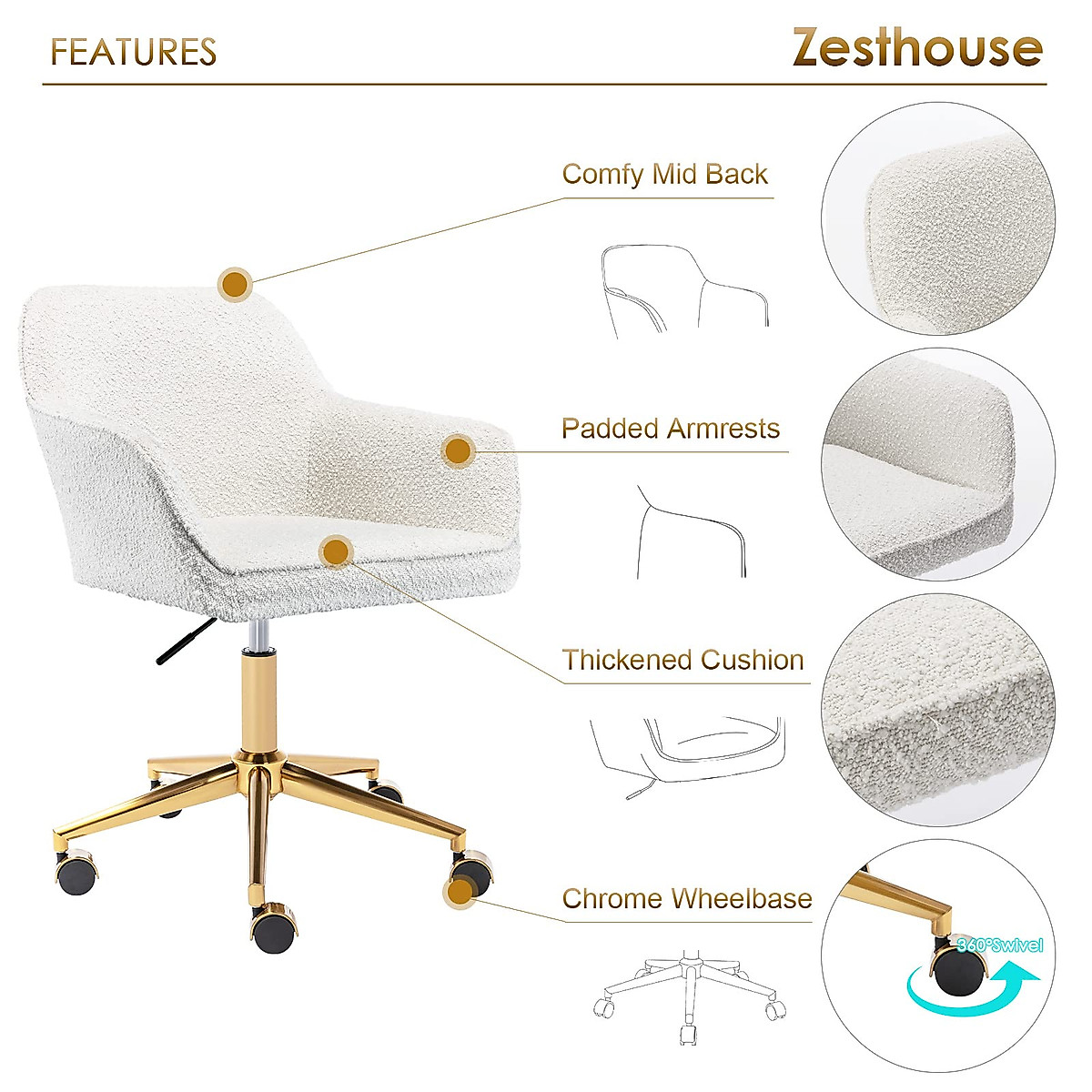 Zesthouse Modern Desk Chair with Wheels, White Swivel Vanity Chair for Girls Women, Upholstered Home Office Chair Boucle Armchair for Bedroom, Height Adjustable Computer Task Chair, Gold Base