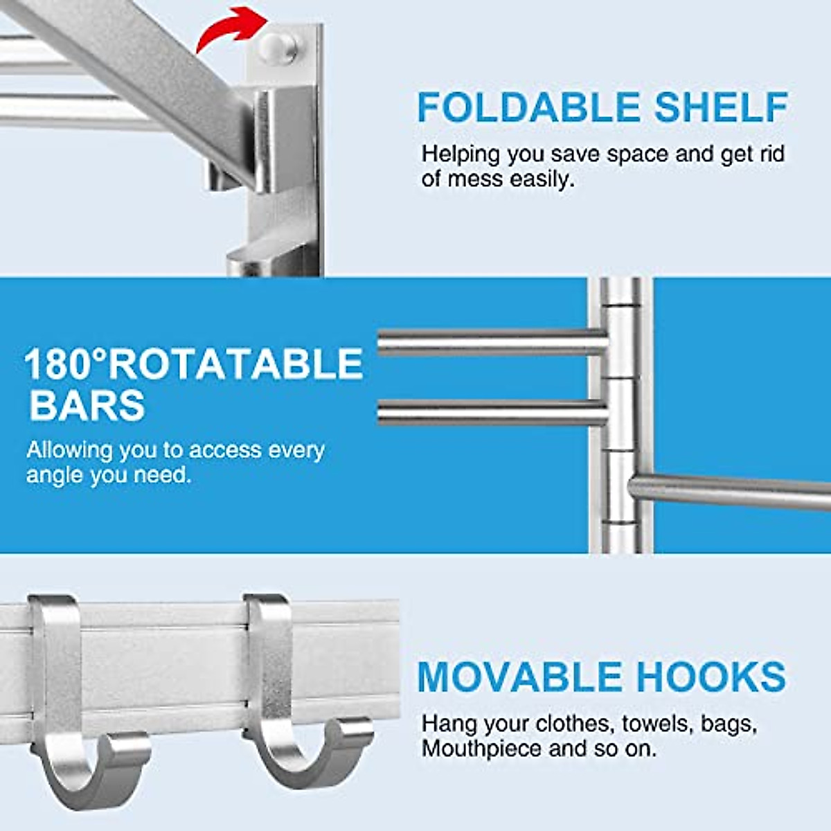 Laundry Clothes Drying Rack, Foldable Wall Mounted Drying Rack, Swivel Towel Rack with 5 Coat Hooks & 7 Swing Arms, Space Aluminum Drying Rack for Laundry Room Organization and Bathroom (Silver 7rods)