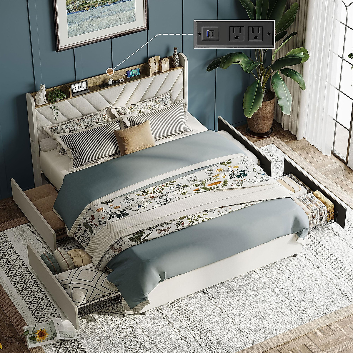 DIYSET Queen Bed Frame with Charging Station Headboard, Upholstered Platform Bed Strong Wooden Slats Support, with 4 Storage Drawers, Noise-Free, No Box Spring Needed, Easy Assembly, Beige