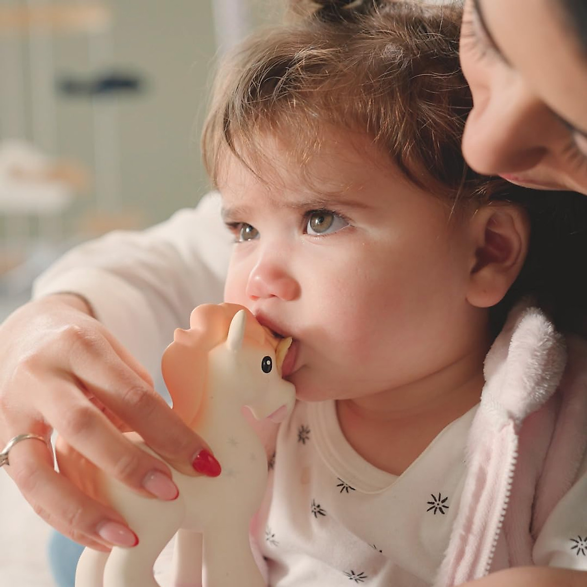 Nuby Penny The Unicorn Super Soft Teether Toy with Squeaker, 100% Natural Rubber