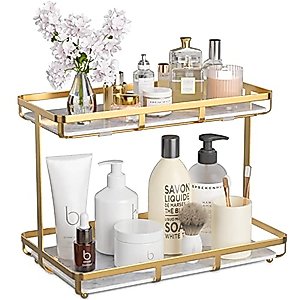 Hassol 2 Tier Bathroom Countertop Organizer, Premium for Makeup Organization and Storage, Vanity Trays, Skincare Organizers, Counter Trays, Perfume, Display, Kitchen, Lotion, Cosmetic Gold Shelf
