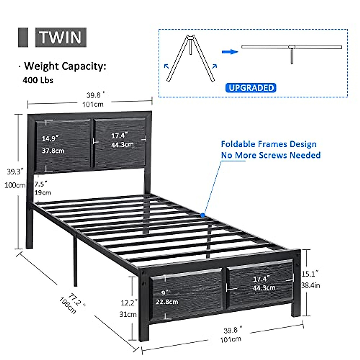 VECELO Twin Size Platform Bed Frame with Black Wood Headboard, Mattress Foundation, Strong Metal Slats Support, No Box Spring Needed