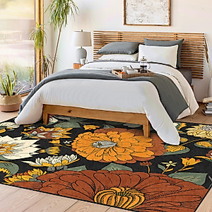 Tyrot Black Boho Floral Living Room Rugs Washable 8x10 Area Rug for Bedroom Farmhouse Non Slip Soft Mid Century Modern Accent Rugs Abstract Botanical Floor Carpet for Dining Room Grils Kids Room