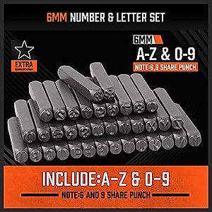 HORUSDY 37-Piece Number and Letter Stamp Set 1/4 (6mm) (A-Z & 0-9 + Stars) Punch Perfect for Imprinting Metal Stamping kit, Plastic, Wood, Leather