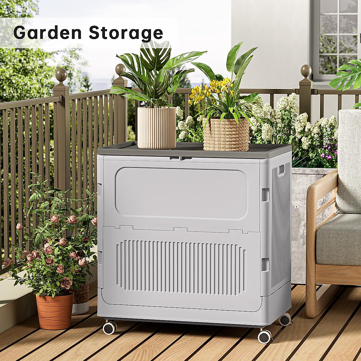 HAIXIN 39Gal Extra Large Storage Bin with Lid, Wheels & Lock - Foldable Deck Storage Box for Cushions, Toys, Tools and Sports Equipment, Ideal Garden, Garage, Patio, Pool Organizer (Dark Grey)