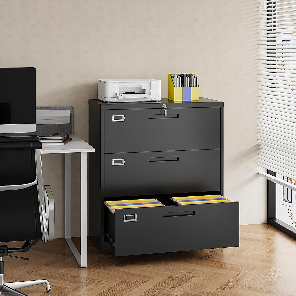 STANI Lateral File Cabinet with Lock, 3 Drawer Metal Filing Cabinet, Lateral Filing Cabinet with Lock for Home Office, Locking Metal Steel Wide File Cabinet for Legal/Letter A4 Size