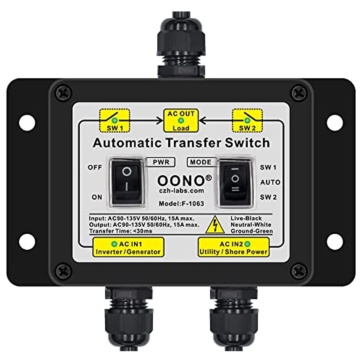 Manual and Automatic Transfer Switch, AC120V 15A ATS Auto Transfer Switch