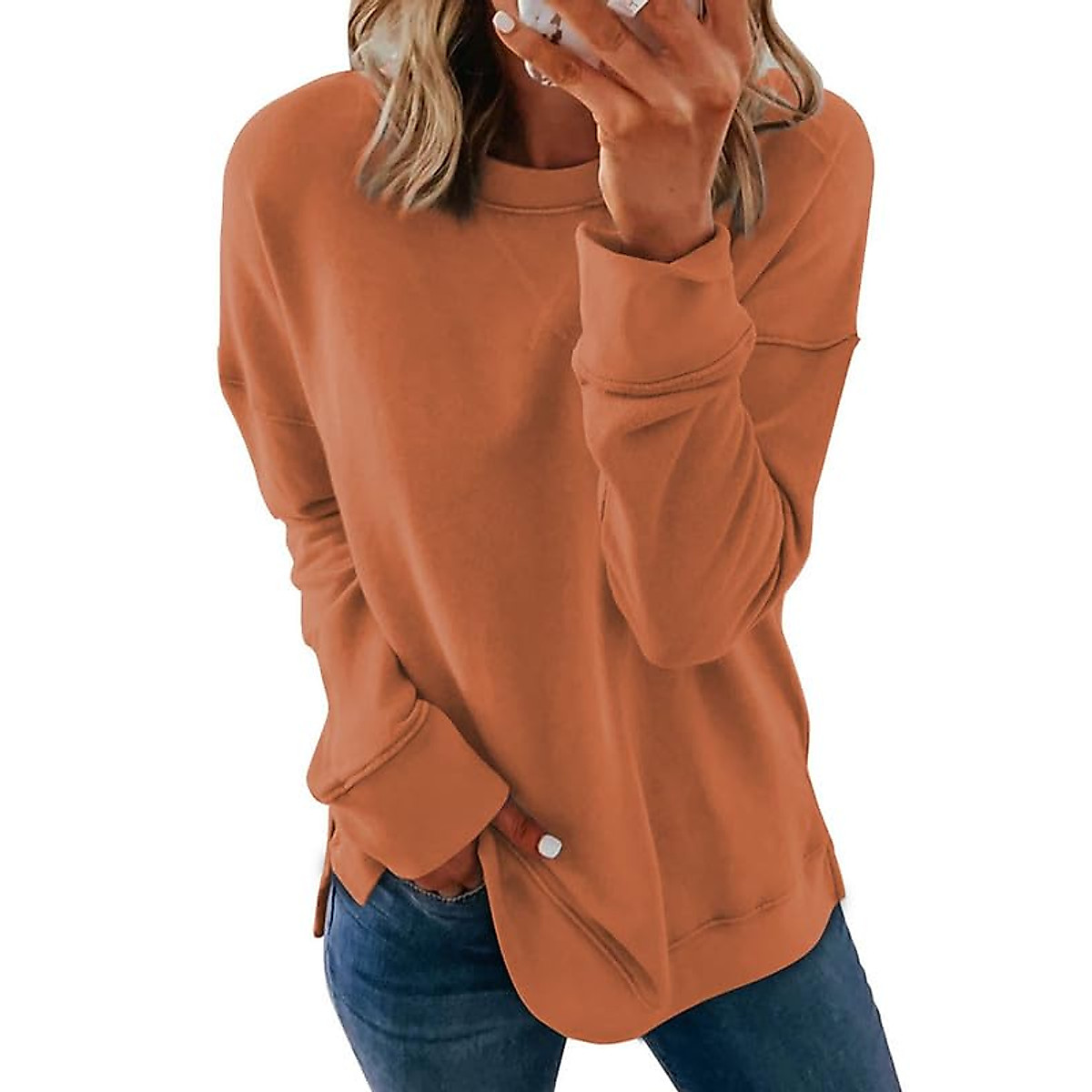 Dokotoo Long Sleeve Crewneck Halloween Sweatshirt with Side Split - Loose Fit Solid Pullover Tunic for Women