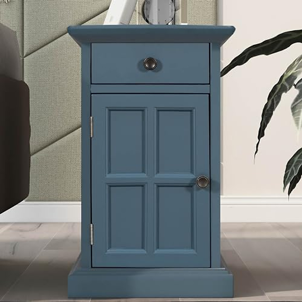 P PURLOVE Classic Vintage Living Room End Table, Wooden Side Table with USB Ports and One Multifunctional Drawer with Cup Holders (Antique Navy)