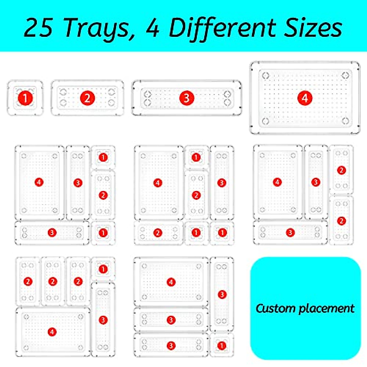 25 PCS Clear Drawer Organizers Set, 4 Sizes Plastic Vanity Drawer Organizers and Storage Bins, Desk Drawer Organizer Trays with Non-slip Silicone Pads for Makeup