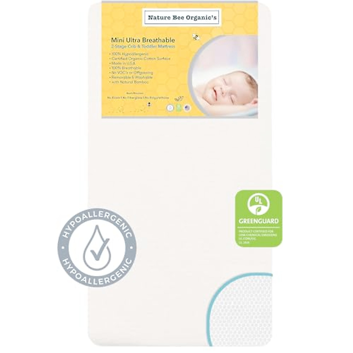 Nature Bee Organic's Breathable 2-Stage Mini Crib & Toddler Mattress I 100% Breathable I GreenGuard Gold Certified I 100% Hypoallergenic
