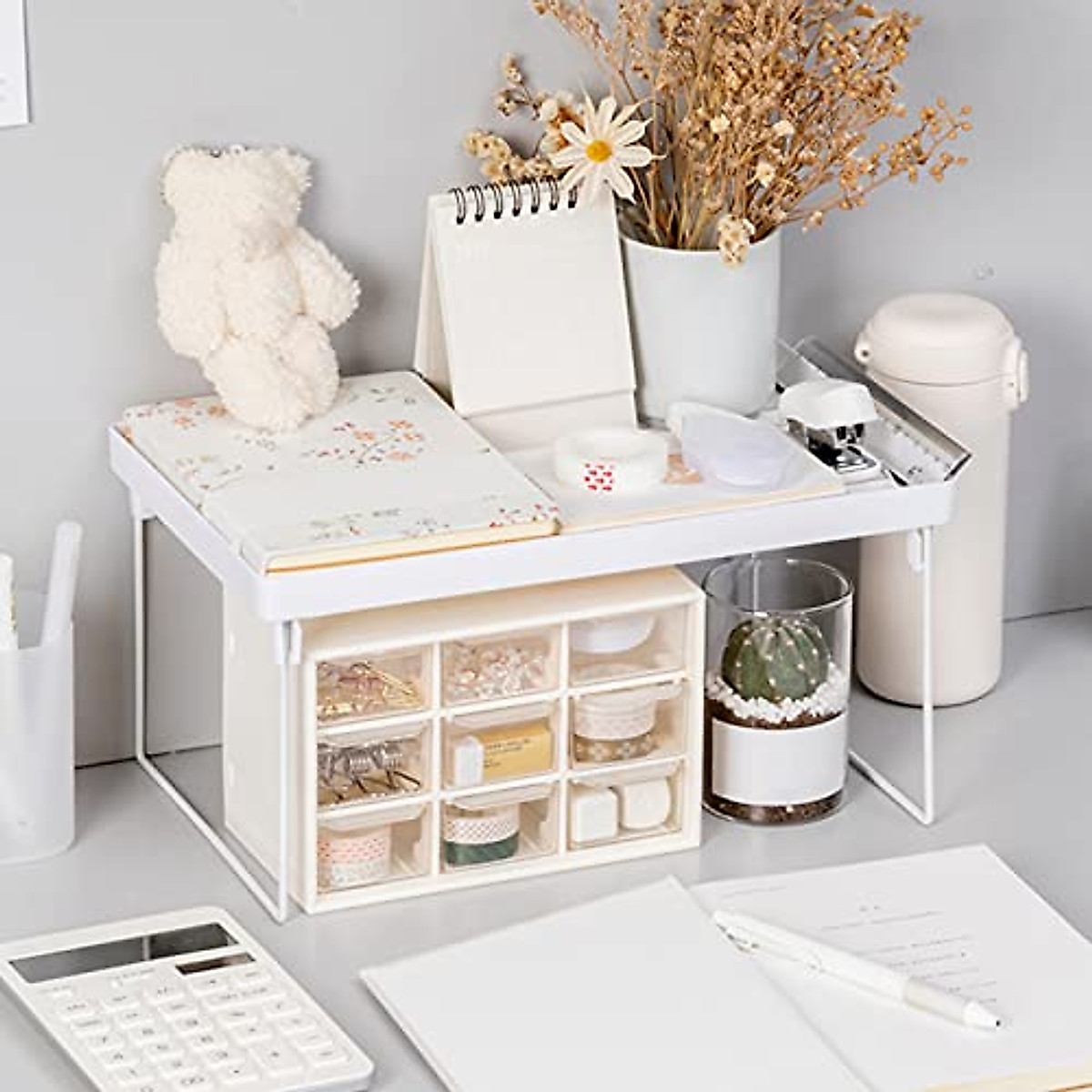 Cuteam Dormitory Storage Rack, Space-Saving Plastic Shelves Desktop Storage Rack Tiered Pot Rack Single Layer Desk Organizer for Dorm White L