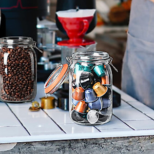 Qianfenie 50 oz Glass Jars with Airtight Lids, Wide Mouth Mason Jars with Clip Top Lids for Kitchen - Square Glass Jars with Chalkboard Labels and Replacement Silicone Gaskets, Set of 4