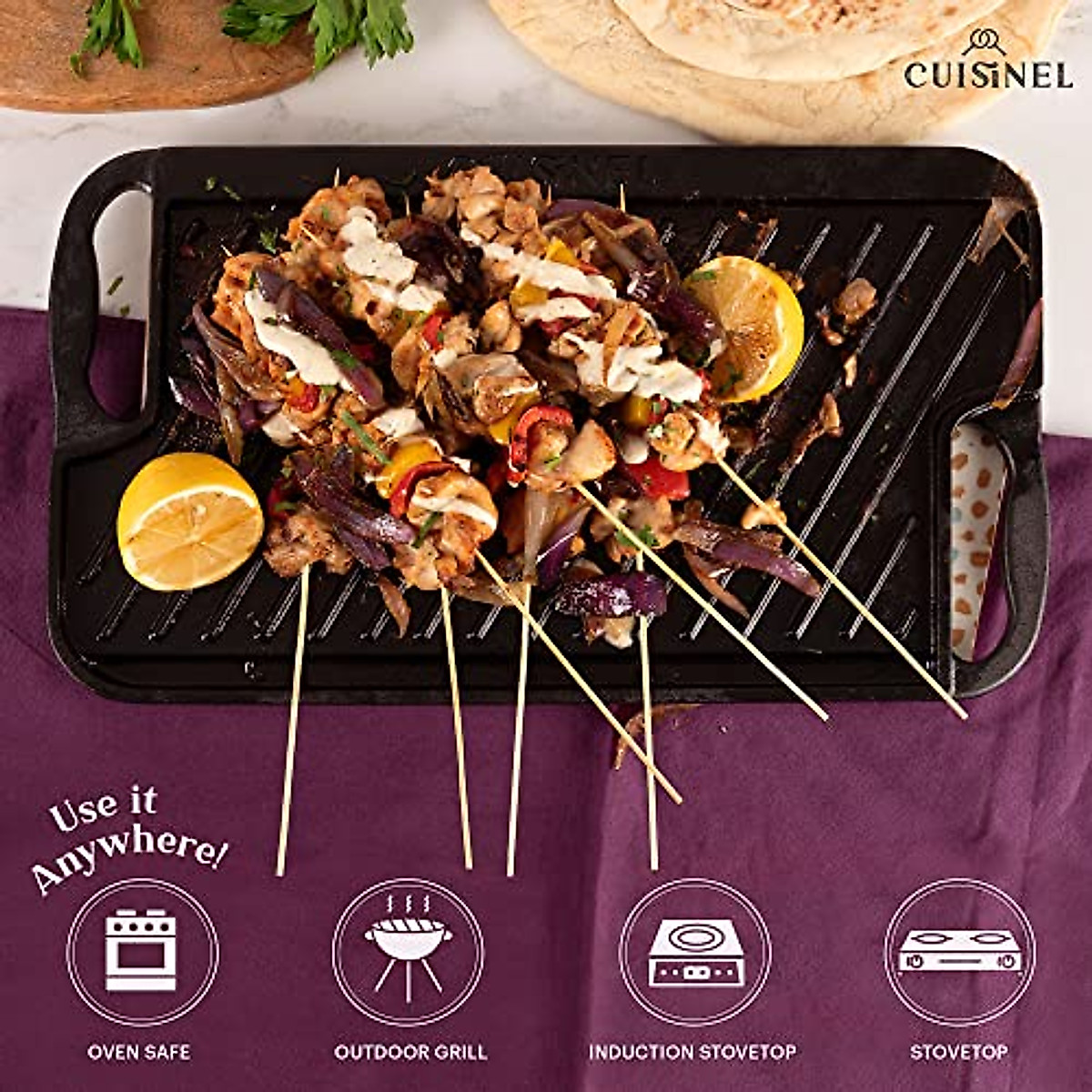 Cuisinel Cast Iron Griddle/Grill + Scraper/Cleaner - Reversible Pre-Seasoned 16.75" X 9.5"-inch Dual Handle Flat Skillet and Griller Pan - Works Indoor/Outdoor, Stove Burner, Gas, Fire