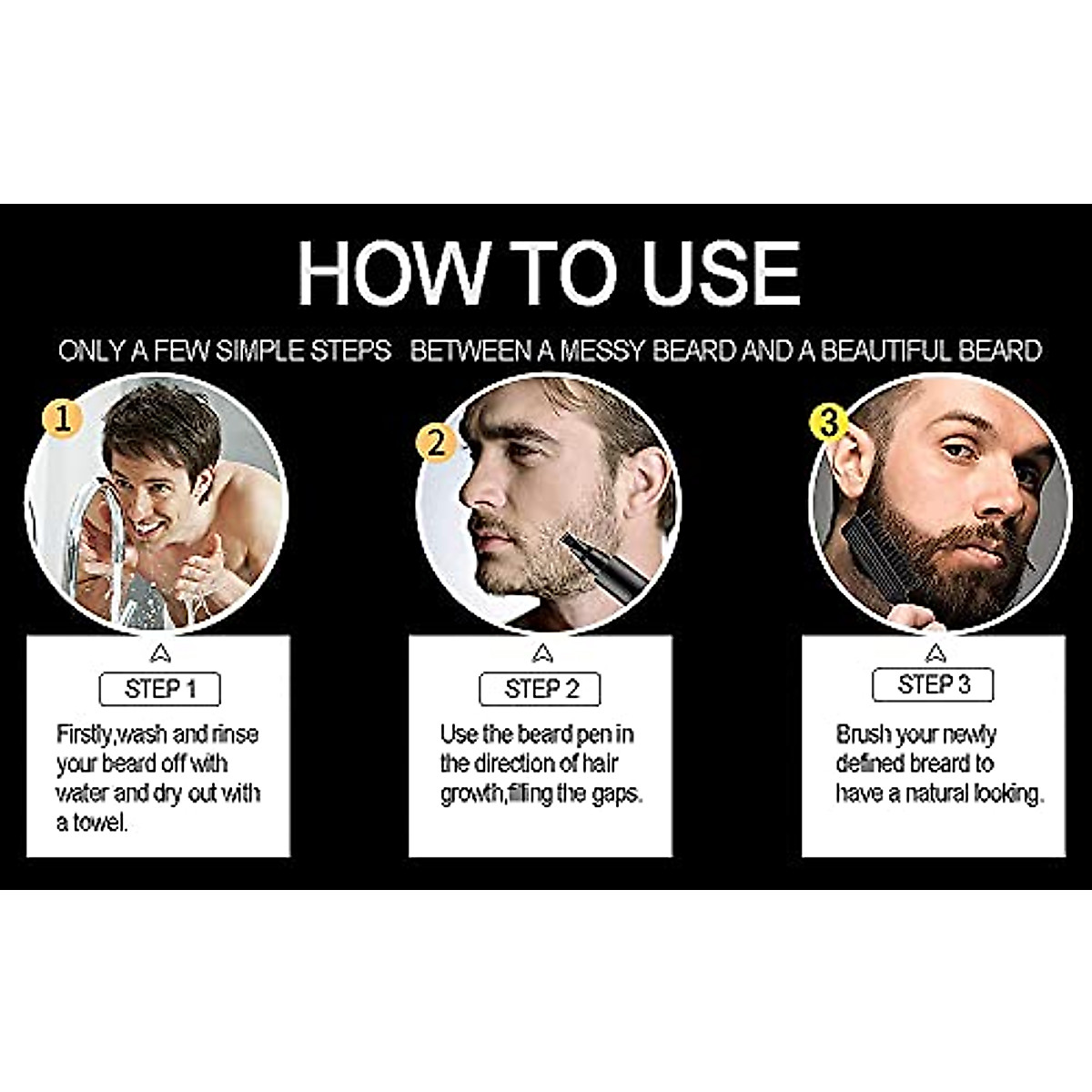 Beard Pencil Filler for Men Water Proof& Sweat Proof, Long Lasting - Beard Filling Pen Kit with Brush and Beard Styling Comb Tool Creates Natural Looking Beard, Moustache & Eyebrows (Black, Home kit)