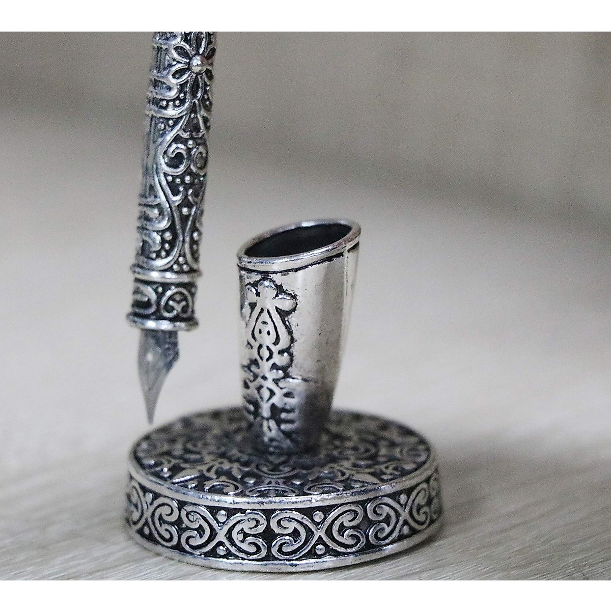 Vintage Antique Feather Pen Stem Metal Writing Quill Pen Set Calligraphy Pen Metal Carving Appearance,with 5 PCS Nibs (Blue Peacock)