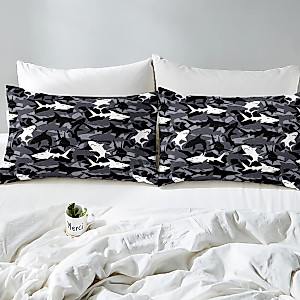 Erosebridal Camo Sharks Fitted Sheet Set Twin Black White Grey Camouflage Ocean Animal Bedding Sets for Kids Boys Teen Cool Shark Bed Sheets,Soft Microfiber Cool Wildlife Top Flat Sheet 1 Pillow Case