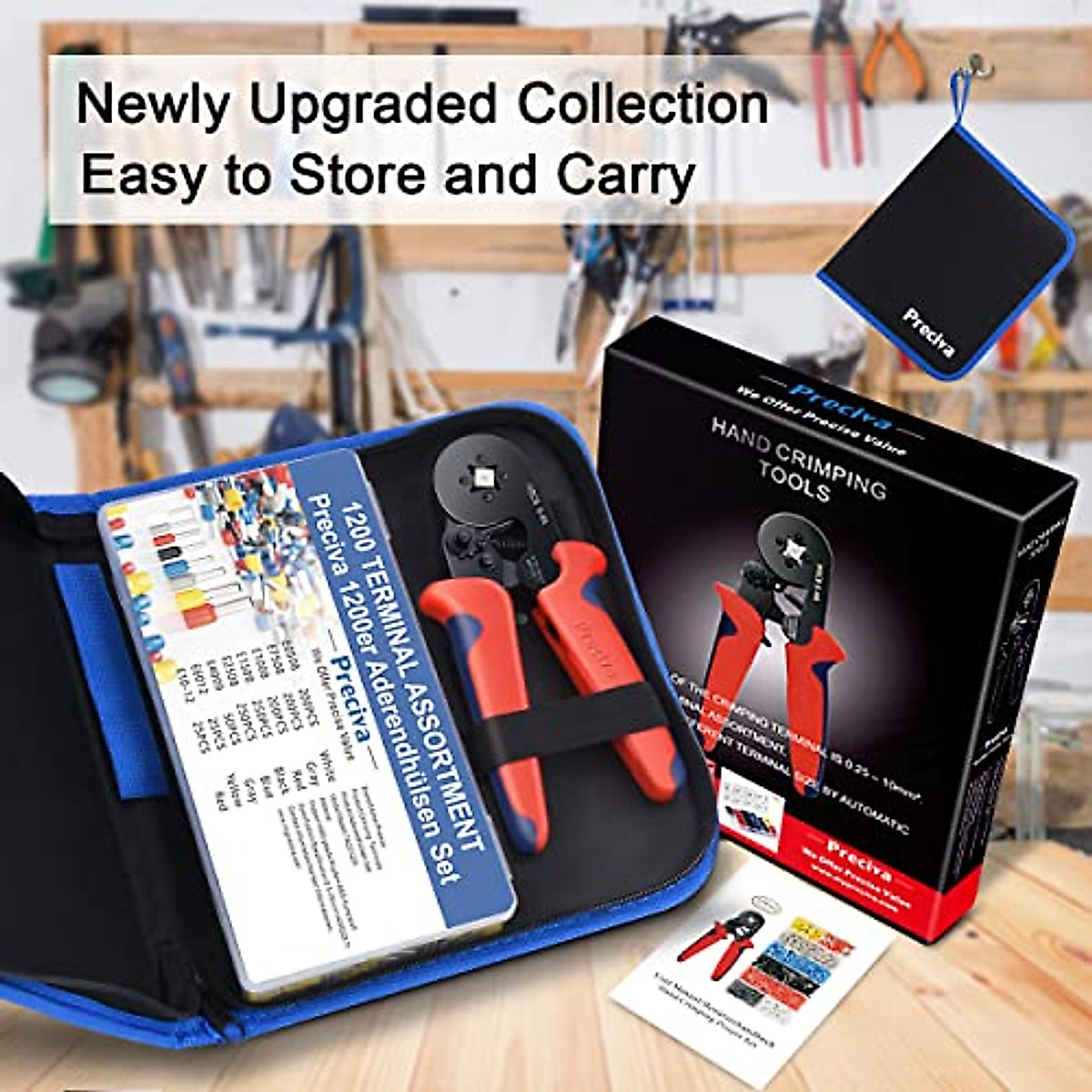 Ferrule Crimping Tool Kit, Preciva AWG23-7 Self-adjustable Ratchet Wire Crimping Tool Kit Crimper Plier Set with 1200PCS Wire Terminals Crimping Connectors Wire End Ferrules