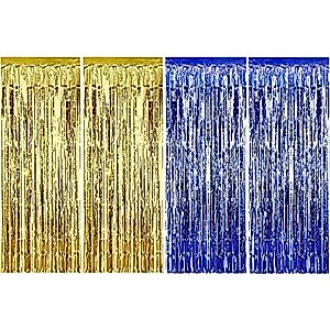 Sumind 4 Pack Foil Curtains Metallic Fringe Curtains Shimmer Curtain for Birthday Wedding Party Christmas Decorations (Blue and Gold)