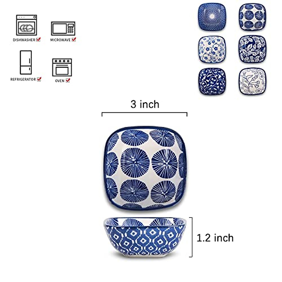 Selamica Ceramic 2.6 OZ Square Dipping Bowl Set, Soy Sauce Dish 3 inch Small Bowls for Ketchup Condiments Side Dish BBQ, Ramekins Oven safe, Stackable, Set of 6, Vintage Blue