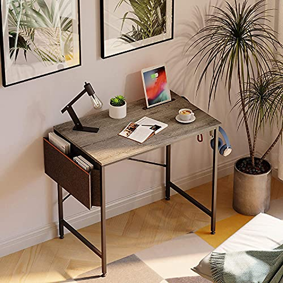 Bestier Computer 32 Inch Modern Mini Style Office Desk with Adjustable Metal Frame, Storage Bag, and Working Table for Small Bedroom Space, Grey