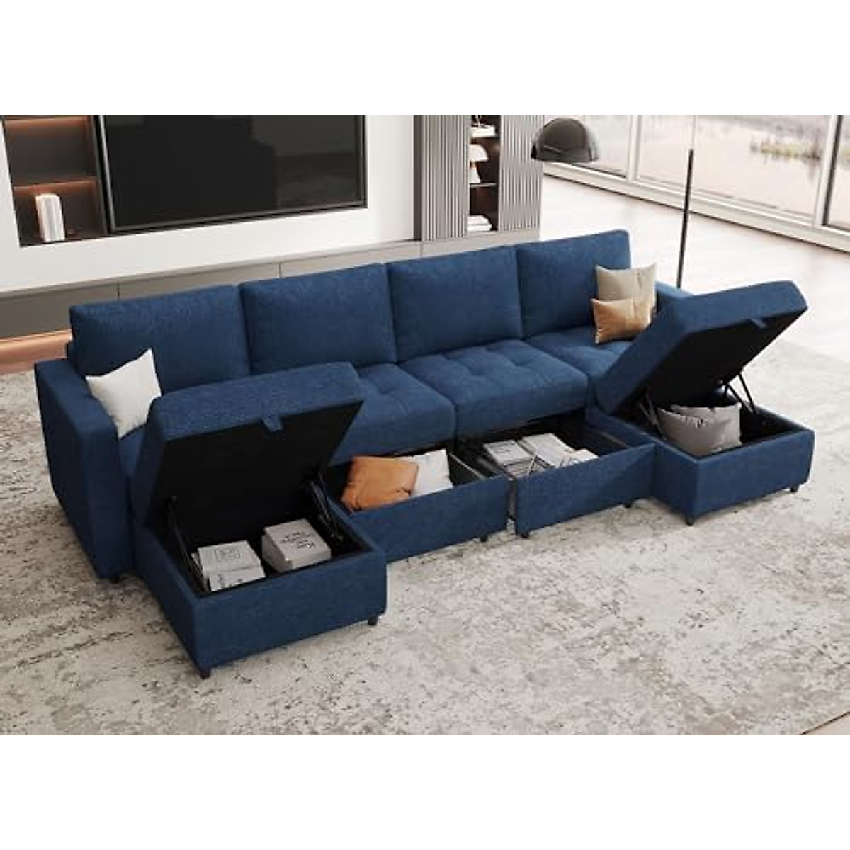 Belffin Fabric Modular Convertible Sectional Sofa U Shape Pull Out Couch with Ottomans 6 Piece Sofa Sectional Set Sleeper Couch with Double Reversible Chaises and Storage for Living Room Blue