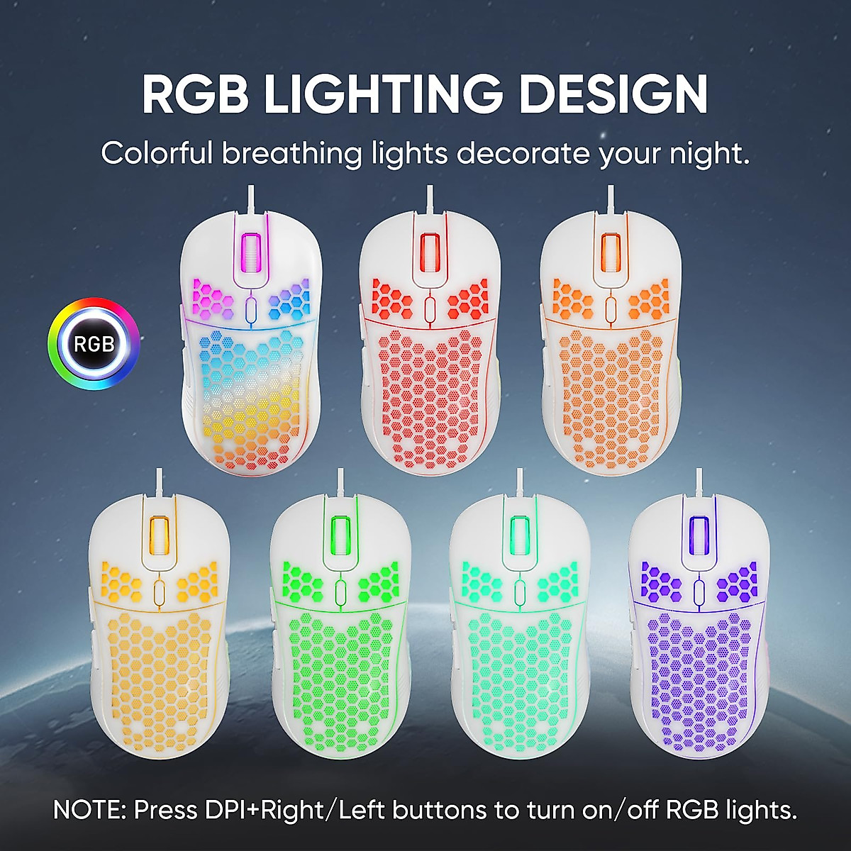MELOGAGA Honeycomb Wired Gaming Mouse, USB/USB-C PC Game Mice with RGB Backlight, 6 Programmable Buttons, 6 Adjustable DPI Up to 7200 for Windows/PC/Mac/Laptop Gamer -White
