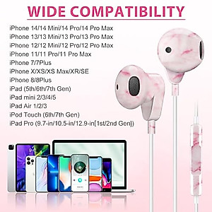 XNMOA Wired Headphones for iPhone 13/13 Mini / 13 Pro/13 Pro Max,Wired iPhone Earphones with Microphone,Headphones for School/Travel/Tablet, Pink Marble