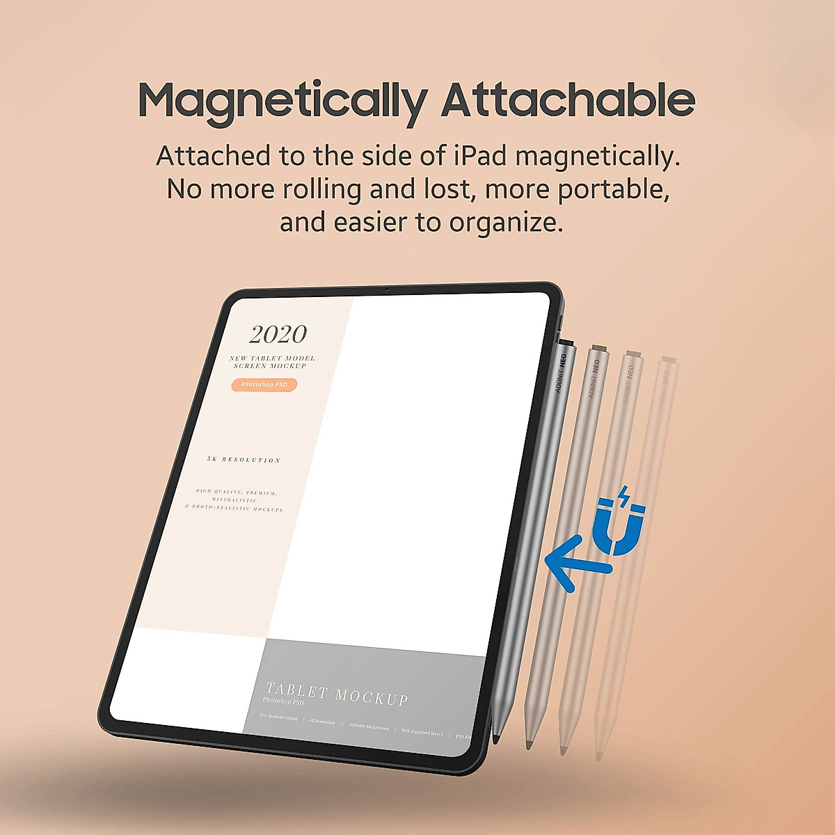 Adonit Neo(Space Gray) Magnetically Attachable iPad Pen Palm Rejection Pencil for Writing/Drawing Stylus Compatible for iPad Air 4th/3rd gen, iPad Mini 6/5th gen, iPad 9/8/7/6th gen, iPad Pro 11/12.9"