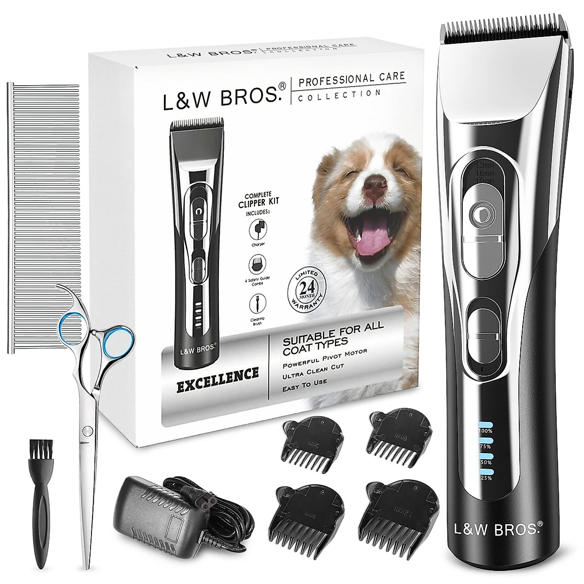 L&W BROS. Dog Clippers for Grooming with Heavy Duty Motor 2 Speeds Low Noise Trimmer Wireless Rechargeable Dog Shaver Professional Pet Grooming Kit for Dogs and Cats Thick Hair