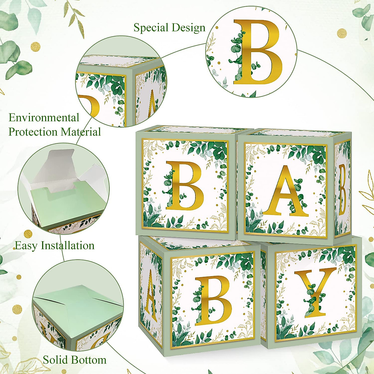 GOGOPARTY Sage Green Baby Shower Boxes, 4PCS Sage Green Gender Reveal Party Supplies Sage Green Party Centerpiece for Sage Green Baby Shower First Birthday Decorations (Without Flowers)