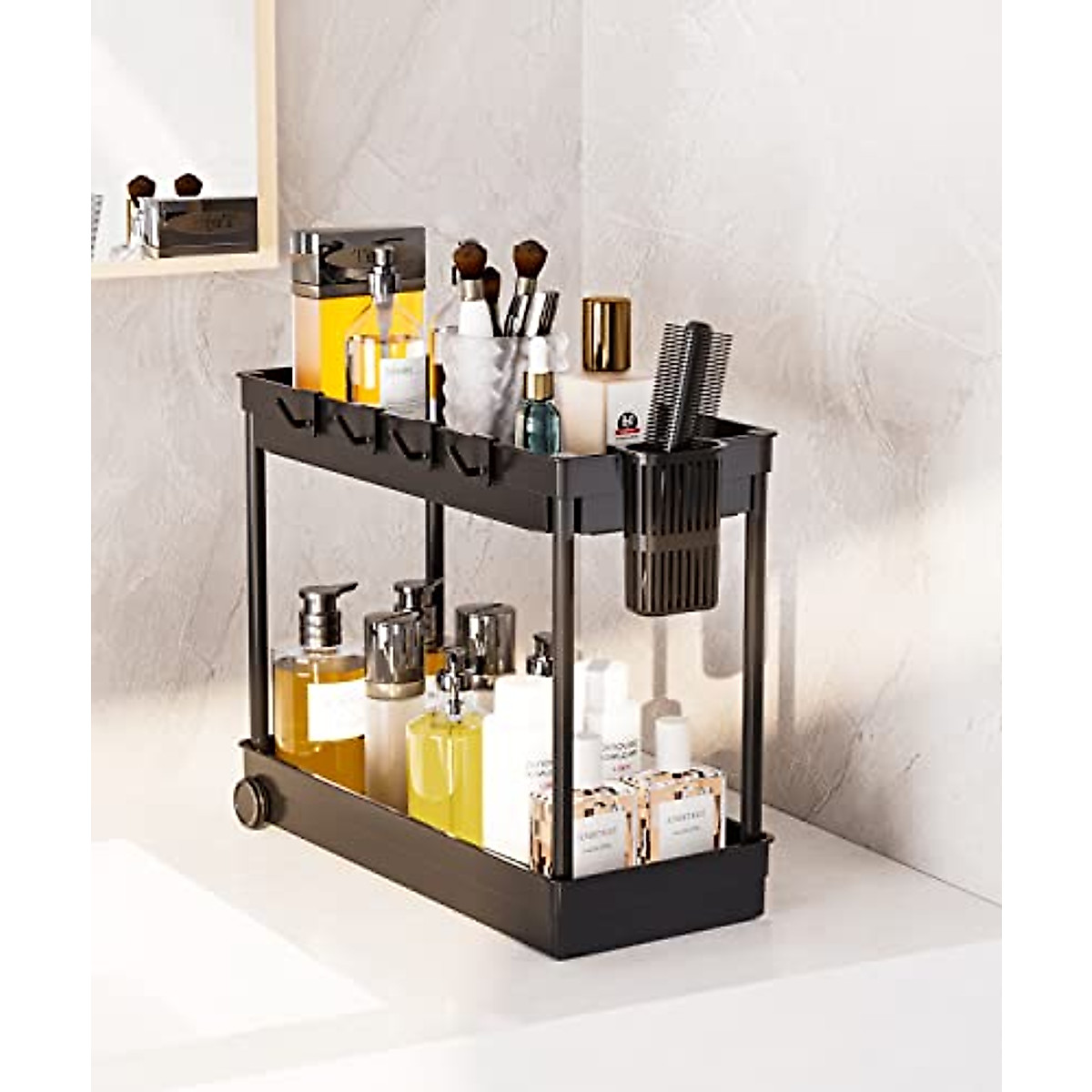 Fowooyeen Under Sink Organizers and Storage, Bathroom Organization Cabinet with Hooks Hanging Cup, Multi-Purpose Sliding Countertop Storage Shelf for Bathroom and Kitchen Semi-Transparent