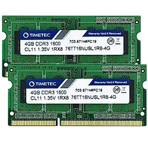 Timetec 8GB KIT(2x4GB) DDR3L / DDR3 1600MHz PC3L-12800 / PC3-12800 Non-ECC Unbuffered 1.35V / 1.5V CL11 1Rx8 Single Rank 204 Pin SODIMM Laptop Notebook PC Computer Memory RAM Module Upgrade