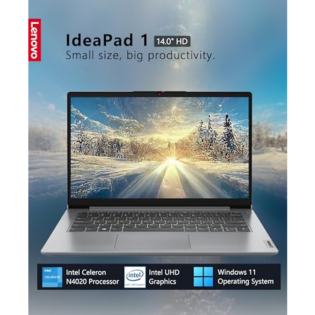Lenovo - Ideapad 1 14.0" HD Laptop, Intel Celeron N4020 Processor, 4 GB RAM, 128GB Storage(64GB eMMC+64GB Card), Intel UHD Graphics, Bluetooth, Wi-Fi 6, Webcam, Windows 11, Cloud Grey, W/GaLiMu